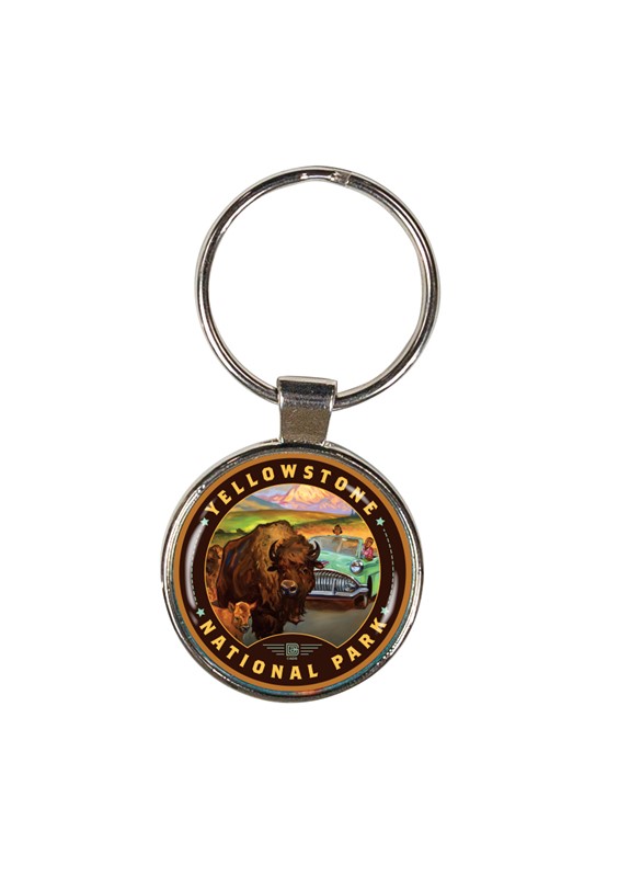 Yellowstone NP Bison Crossing Circle Dome Key Ring | American Made